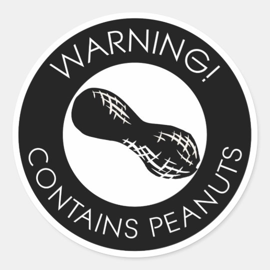 Black and White Warning Contains Peanuts Symbol Classic Round Sticker ...
