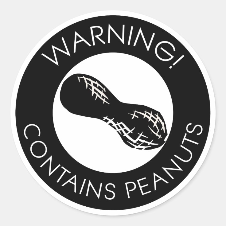 Black and White Warning Contains Peanuts Symbol Classic Round Sticker ...