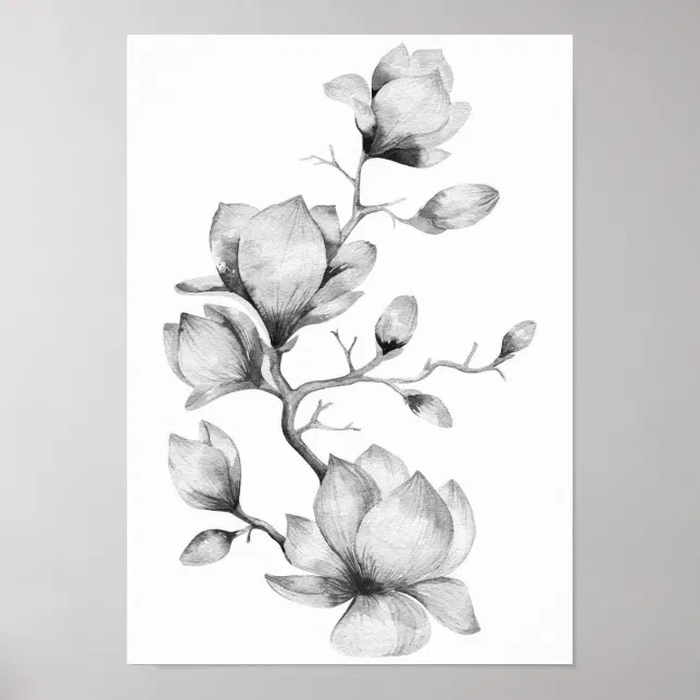 Black and white watercolor flowers wall art poster | Zazzle