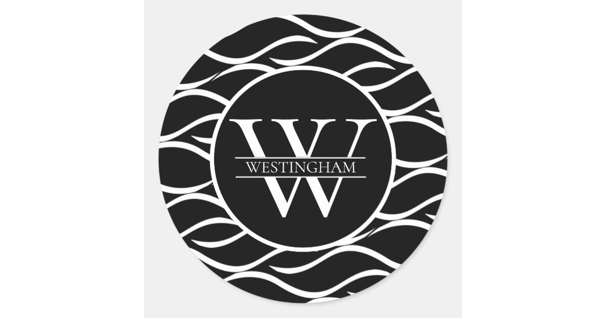 Black and White Wave Pattern Monogram with Name Classic Round Sticker ...