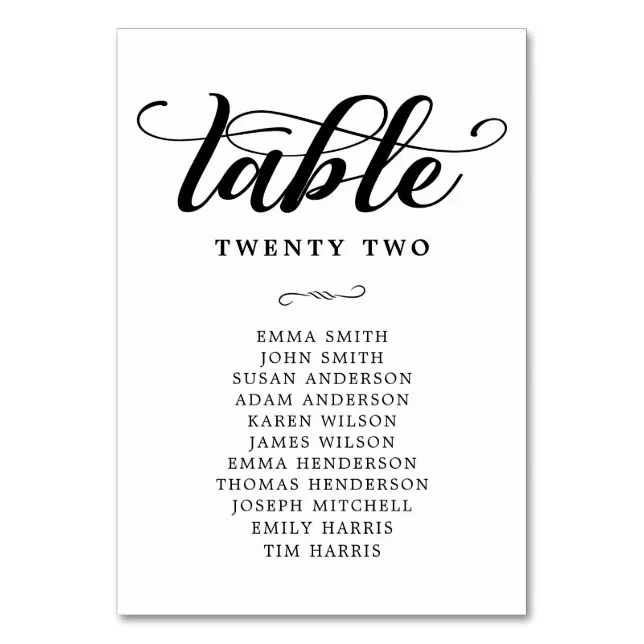 Black And White Wedding Guest Seating Chart Table Number | Zazzle