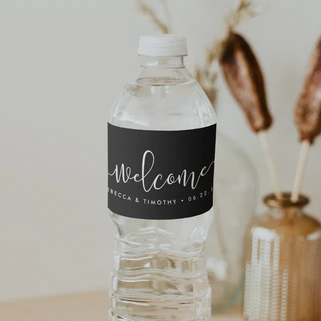 Black and White Wedding Welcome Water Bottle Label | Zazzle