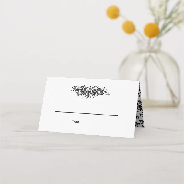 Black and White Wildflowers Folded Place Card | Zazzle