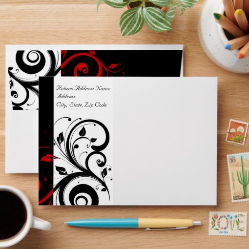 Black and White with Red Reverse Swirl Envelope | Zazzle