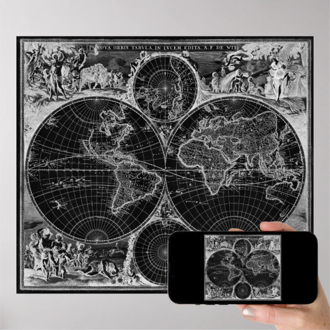 Black and White World Map (1670) Inverse Poster | Zazzle