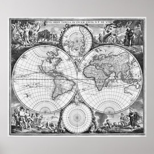 Black and White World Map (1670) Poster | Zazzle.com