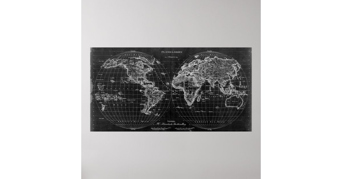 Black and White World Map (1827) Inverse Poster | Zazzle
