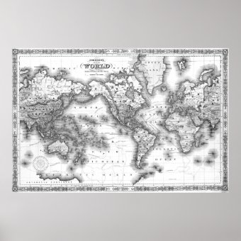 Black and White World Map (1864) 2 Poster | Zazzle