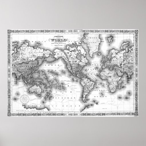 Black and White World Map (1864) 2 Poster | Zazzle