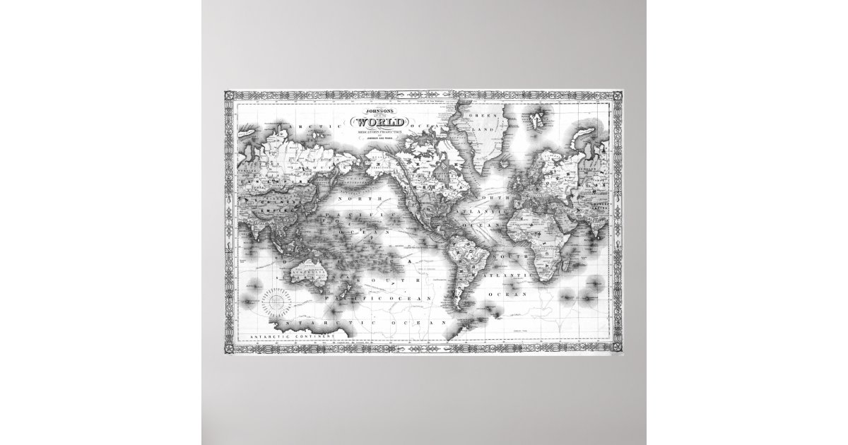 Black and White World Map (1864) 2 Poster | Zazzle