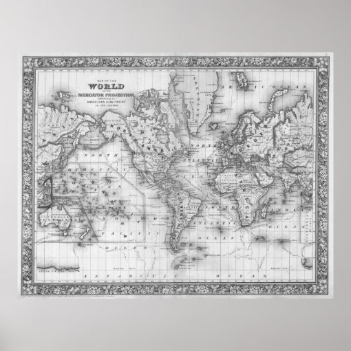 Black and White World Map (1864) Poster | Zazzle