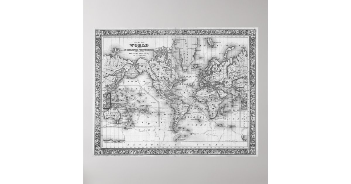 Black and White World Map (1864) Poster | Zazzle