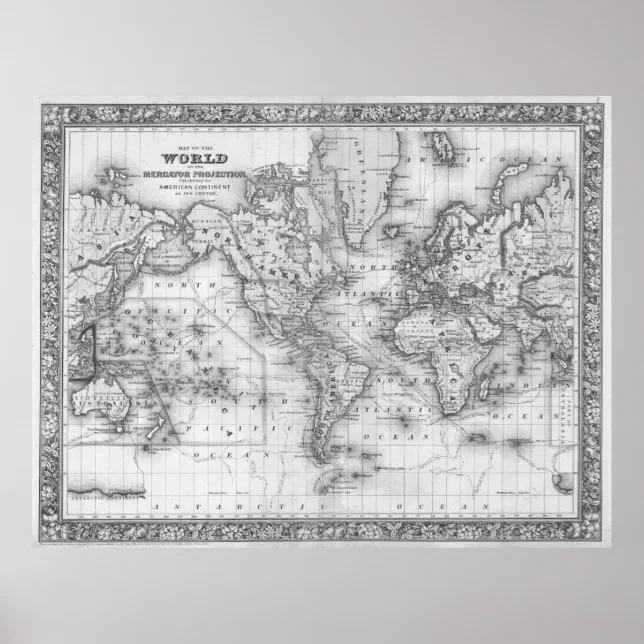 Black and White World Map (1864) Poster | Zazzle