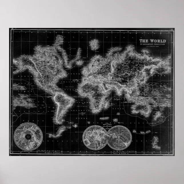 Black and White World Map (1872) Inverse Poster | Zazzle