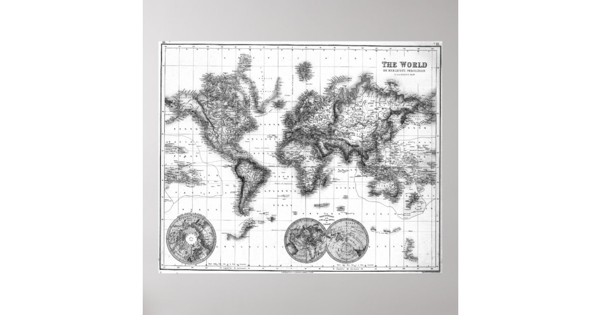 Black and White World Map (1872) Poster | Zazzle