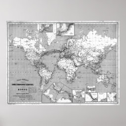 Black and White World Map (1898) Poster | Zazzle