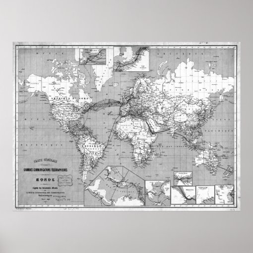 Black and White World Map (1898) Poster | Zazzle