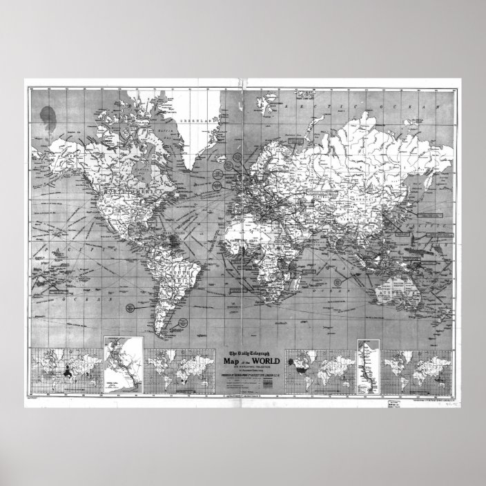 Black and White World Map (1918) Poster | Zazzle.com