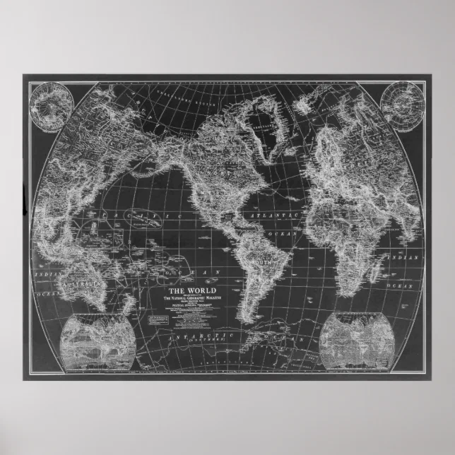 Black and White World Map (1922) Inverse Poster | Zazzle