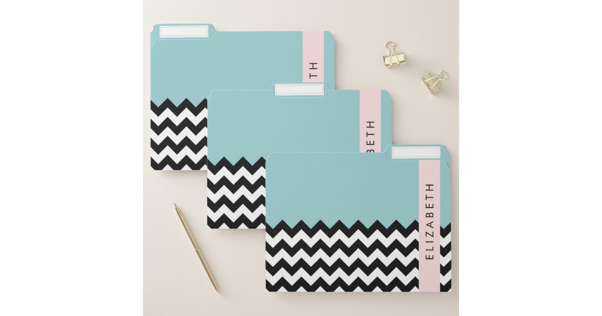 Black and White Zigzag, Chevron, Blue, Your Name File Folder | Zazzle