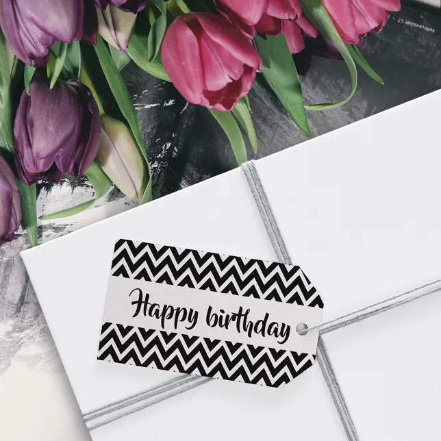 Black And White Zigzag Happy Birthday Custom Gift Tags | Zazzle
