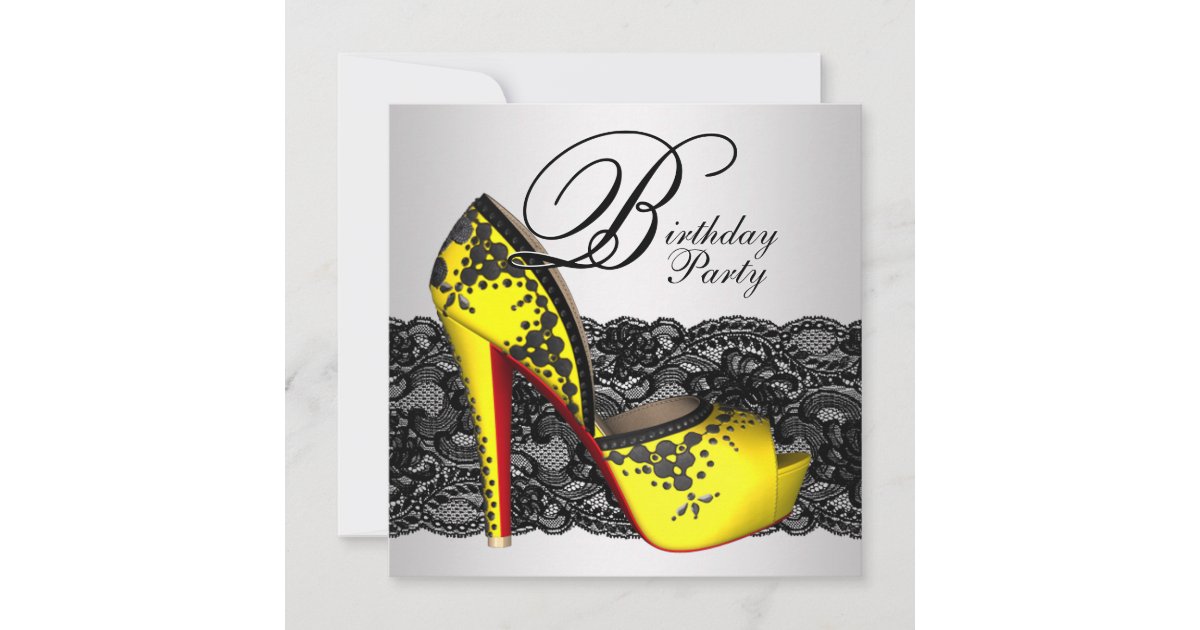 Black and Yellow High Heel Shoe Birthday Party Invitation | Zazzle