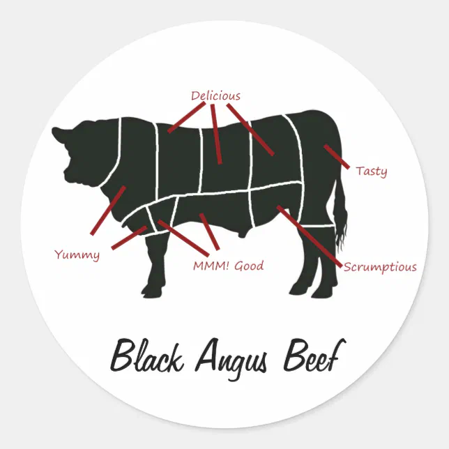 Black Angus Beef Butcher Chart - Tasty Yummy Classic Round Sticker | Zazzle