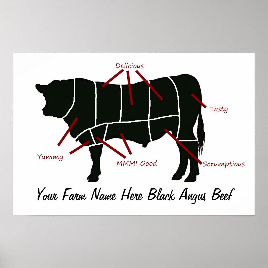 Black Angus Beef Farm Butcher Cuts Poster | Zazzle