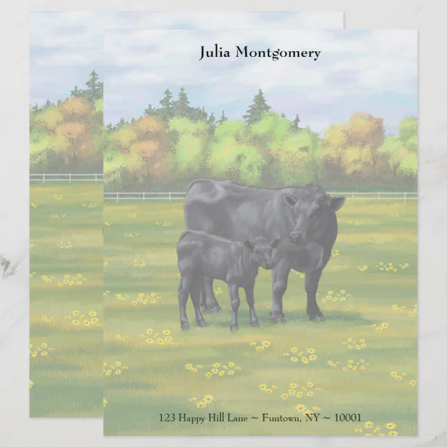 Black Angus Cow & Cute Calf in Summer Pasture Lett Letterhead | Zazzle