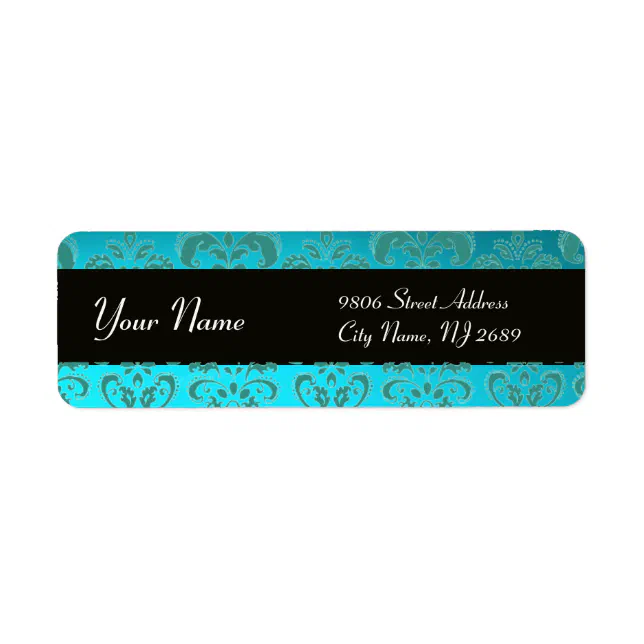 BLACK AQUA BLUE TEAL DAMASK LABEL | Zazzle