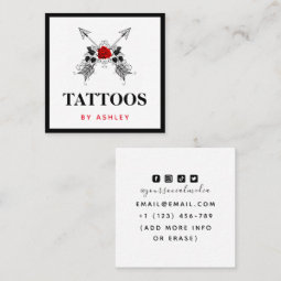 Black Arrows & Red Rose Tattoo Artist Feminine Square Business Card ...