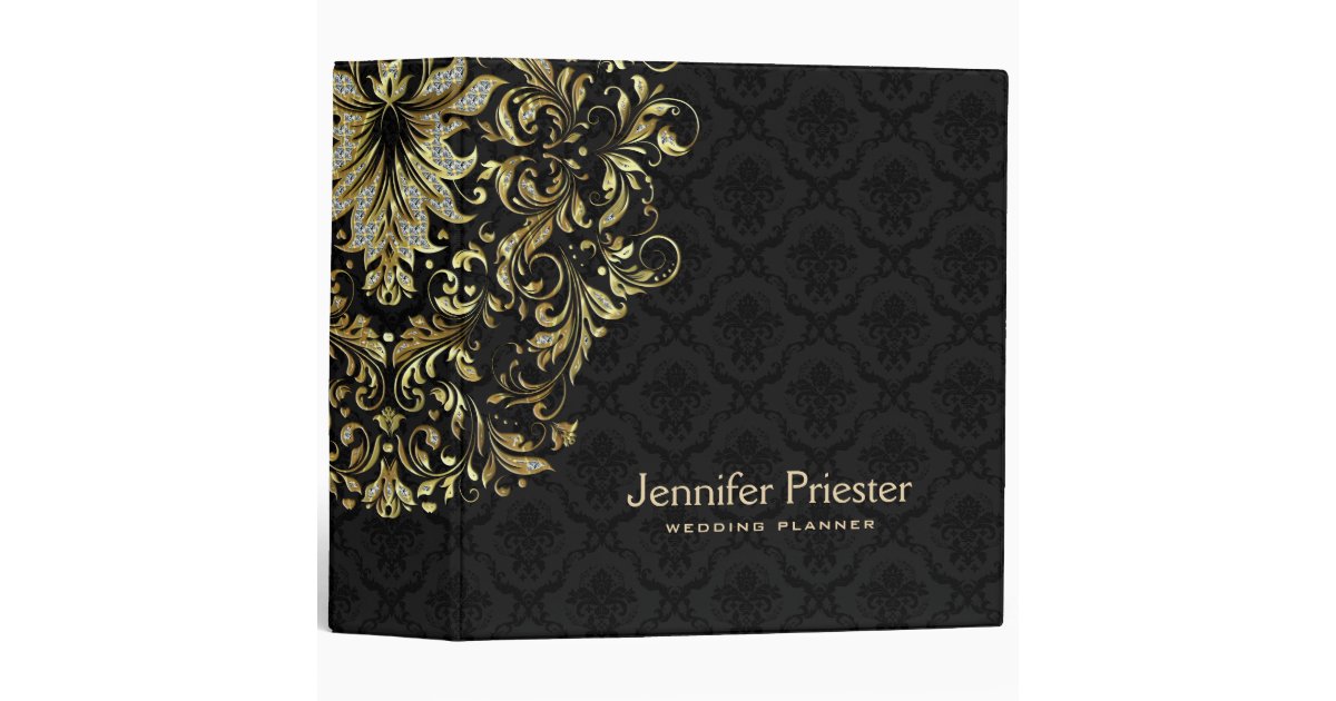 Black Background Glitter & Gold Floral Lace Binder | Zazzle
