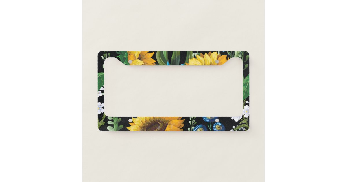 Black Background Sunflower Pattern License Plate Frame | Zazzle