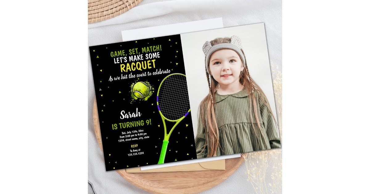Black Background Tennis Birthday Invitations | Zazzle