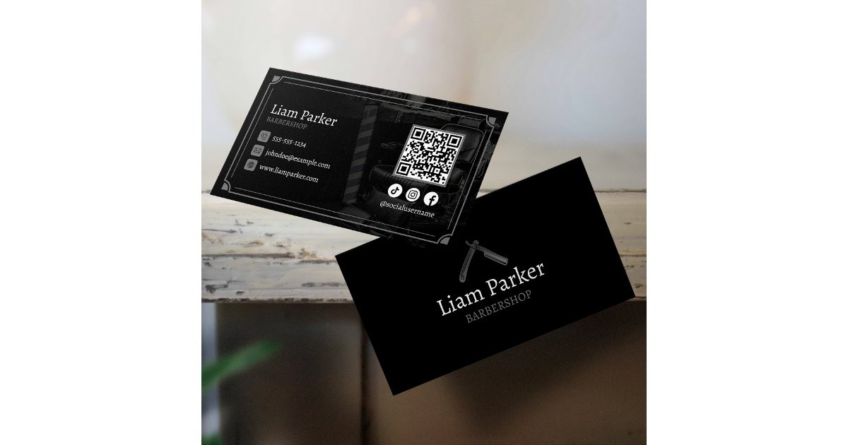 Black Barbershop Chair Social media QR Code Business Card | Zazzle