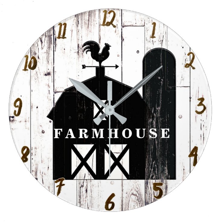 Black Barn White Wood Rustic Farmhouse Country Large Clock | Zazzle