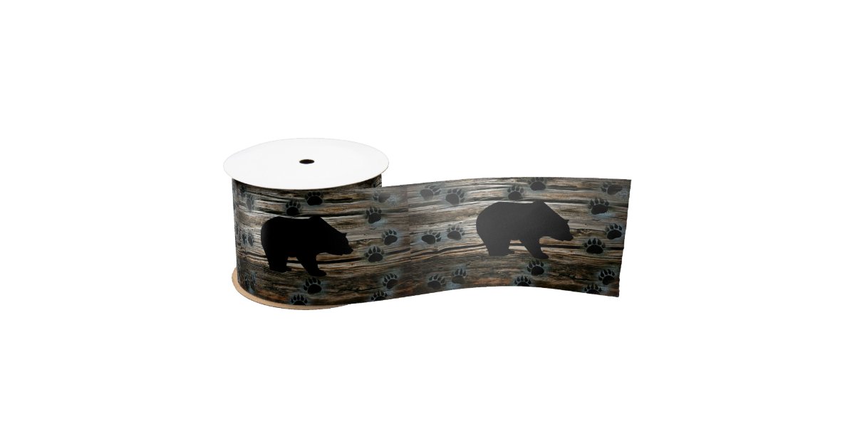Black Bear Black Bear Paws Rustic Wood Satin Ribbon | Zazzle