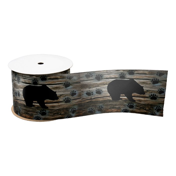 Black Bear Black Bear Paws Rustic Wood Satin Ribbon | Zazzle.com