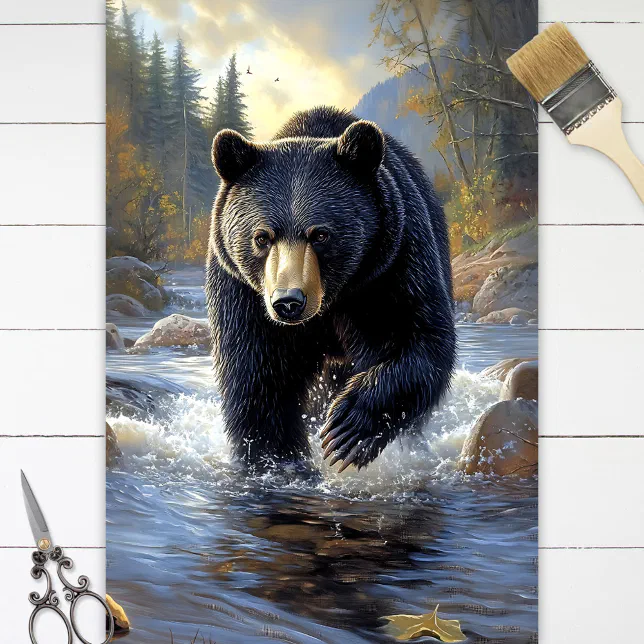 Black Bear in a River Illustration Decoupage Tissue Paper | Zazzle