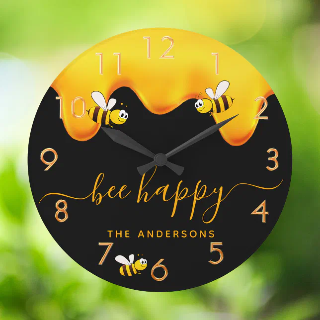 Black bee happy bees sweet honey large clock | Zazzle