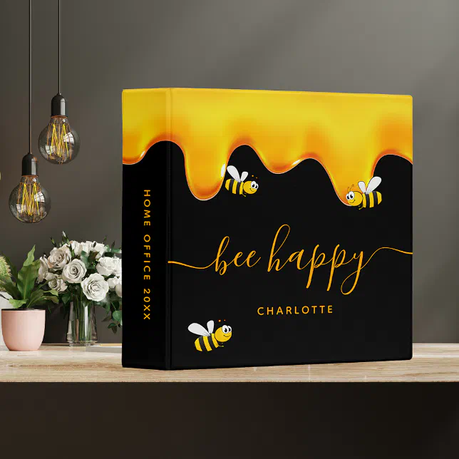 Black bee happy bumble bees sweet honey monogram 3 ring binder | Zazzle
