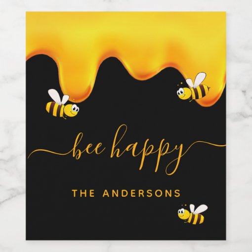 Black bee happy bumble bees sweet honey monogram wine label | Zazzle