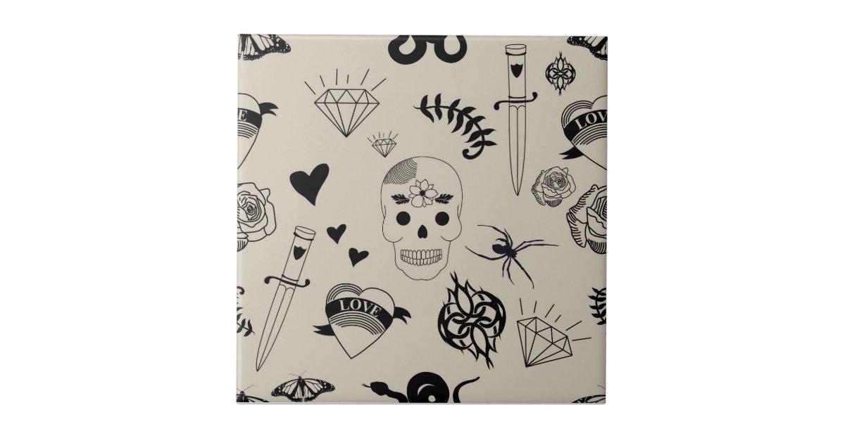 Black & Beige Hand Drawn Tattoo Pattern Ceramic Tile | Zazzle
