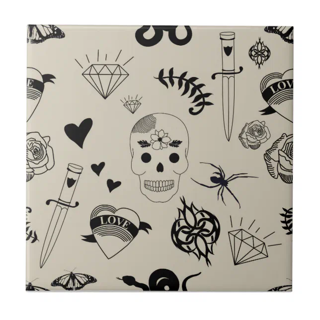 Black & Beige Hand Drawn Tattoo Pattern Ceramic Tile | Zazzle
