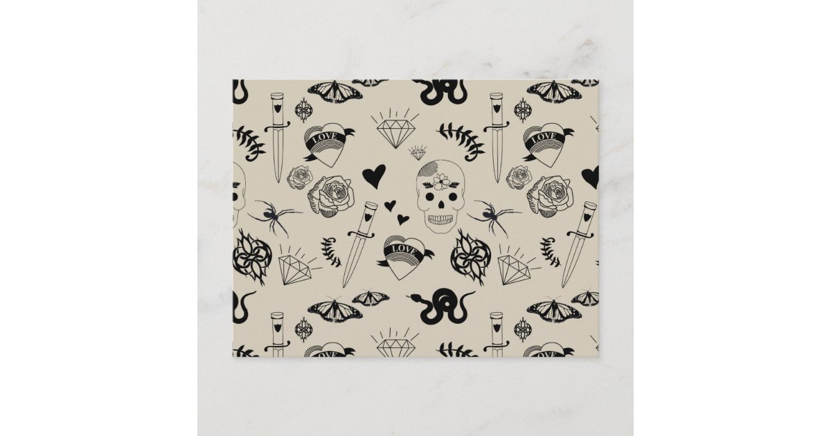 Black & Beige Hand Drawn Tattoo Pattern Holiday Postcard | Zazzle