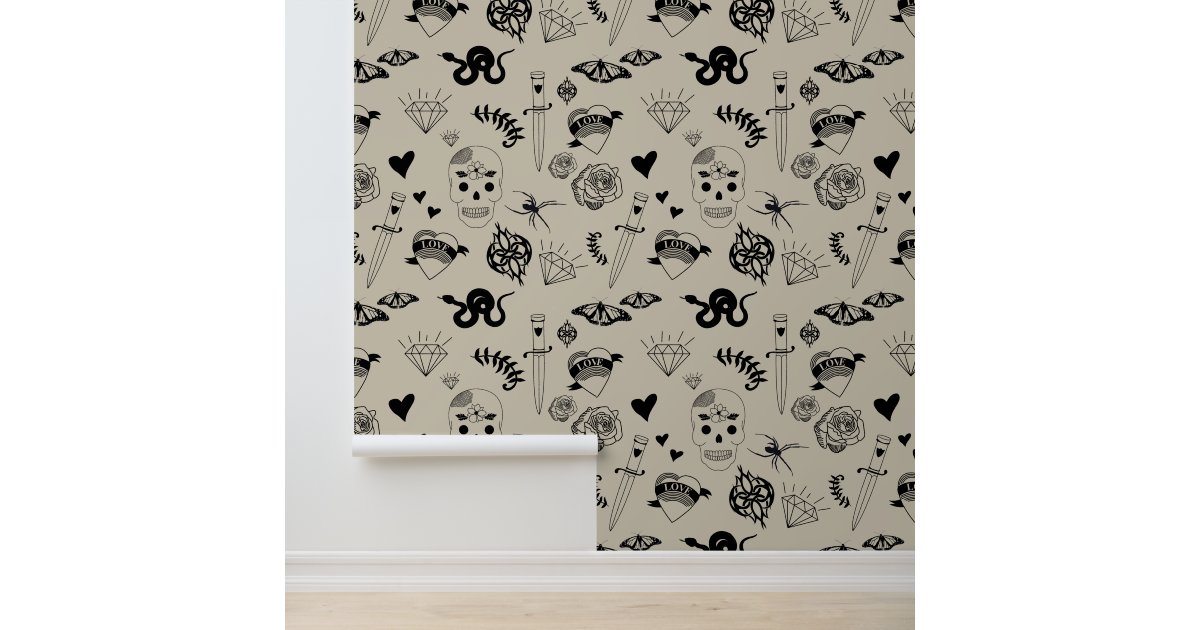 Black & Beige Hand Drawn Tattoo Pattern Wallpaper | Zazzle
