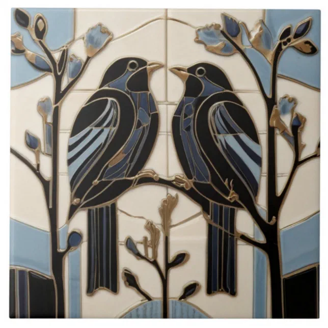 Black Birds Art Nouveau Bird Art Deco BlackBird Ceramic Tile | Zazzle