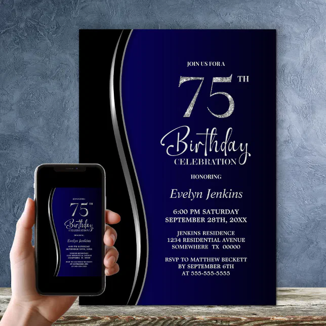 Black Blue 75th Birthday Party Invitation | Zazzle
