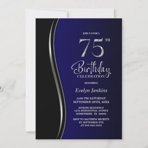 Black Blue 75th Birthday Party Invitation | Zazzle