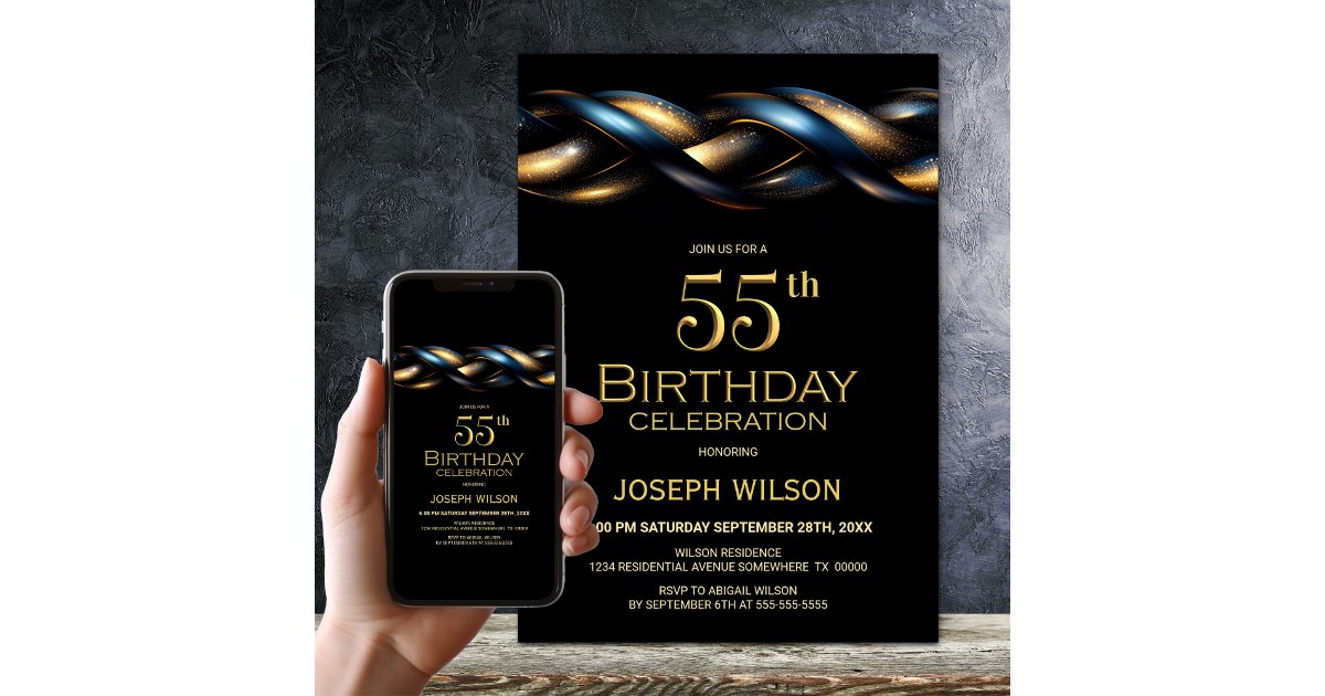 Black Blue Gold 55th Birthday Party Invitation | Zazzle